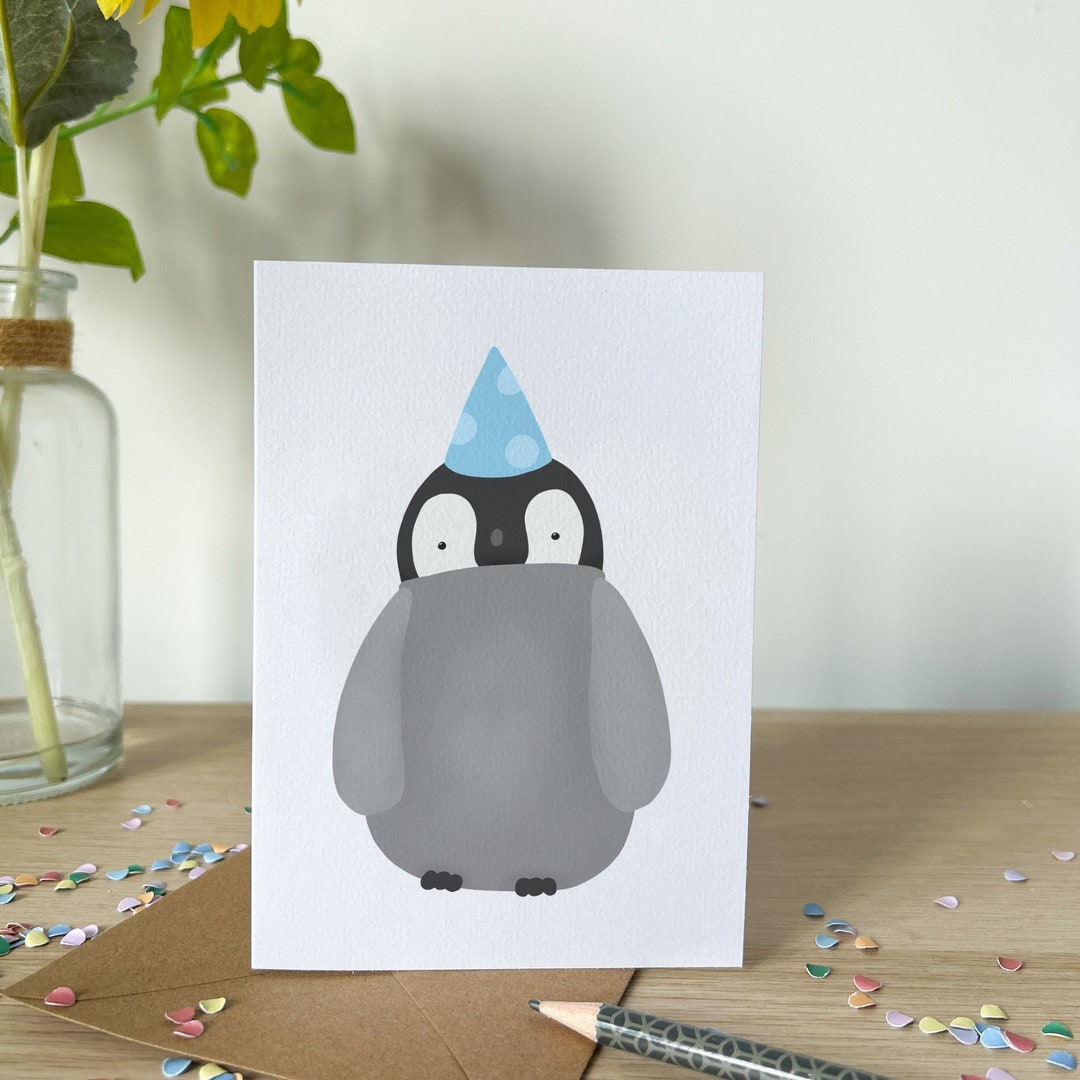 Penguin Birthday Card Cute Baby Penguin Wearing a Party Hat Card for ...
