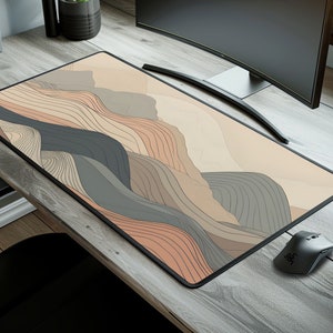 Boho Mountains Desk Mat: Minimalist Line Art, Neutral Beige Workspace ...