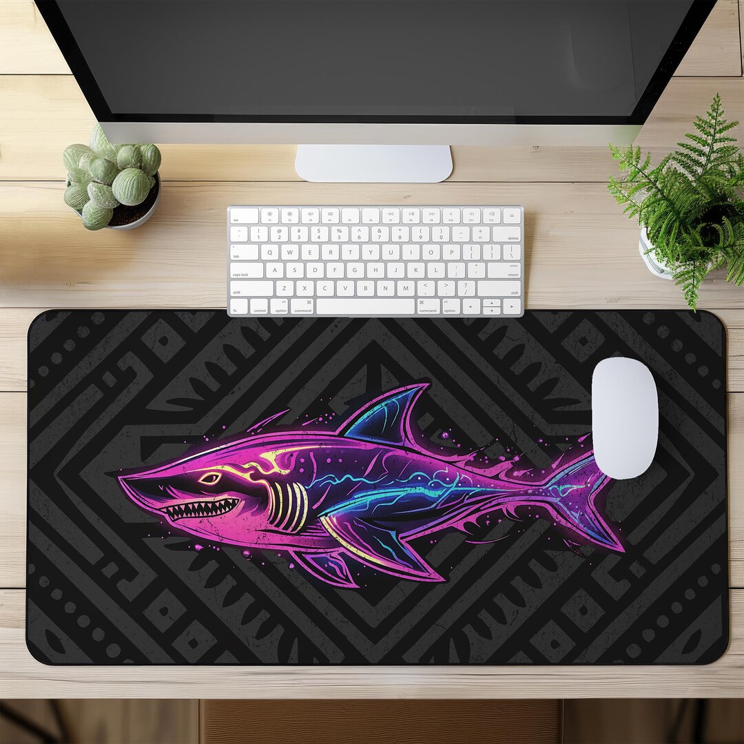 Sharkcore Desk Mat, Neon Shark Desk Mat, Polynesian Pattern, Tribal ...