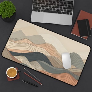 Boho Mountains Desk Mat: Minimalist Line Art, Neutral Beige Workspace ...