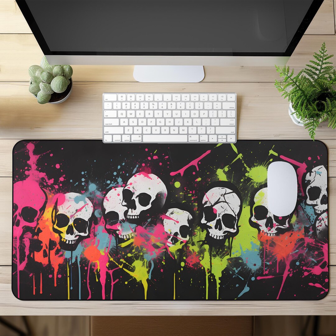 Skull Graffiti Desk Mat, Grunge Neon Workspace, Gaming Desk Pad, Extra ...