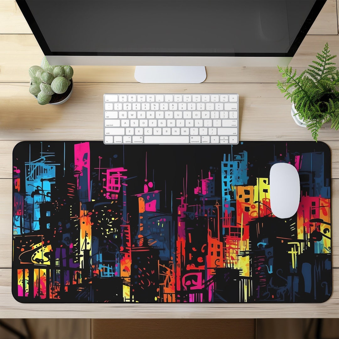 Neon City Desk Mat, Abstract Cityscape, Large Gaming Mouse Pad, Desk ...