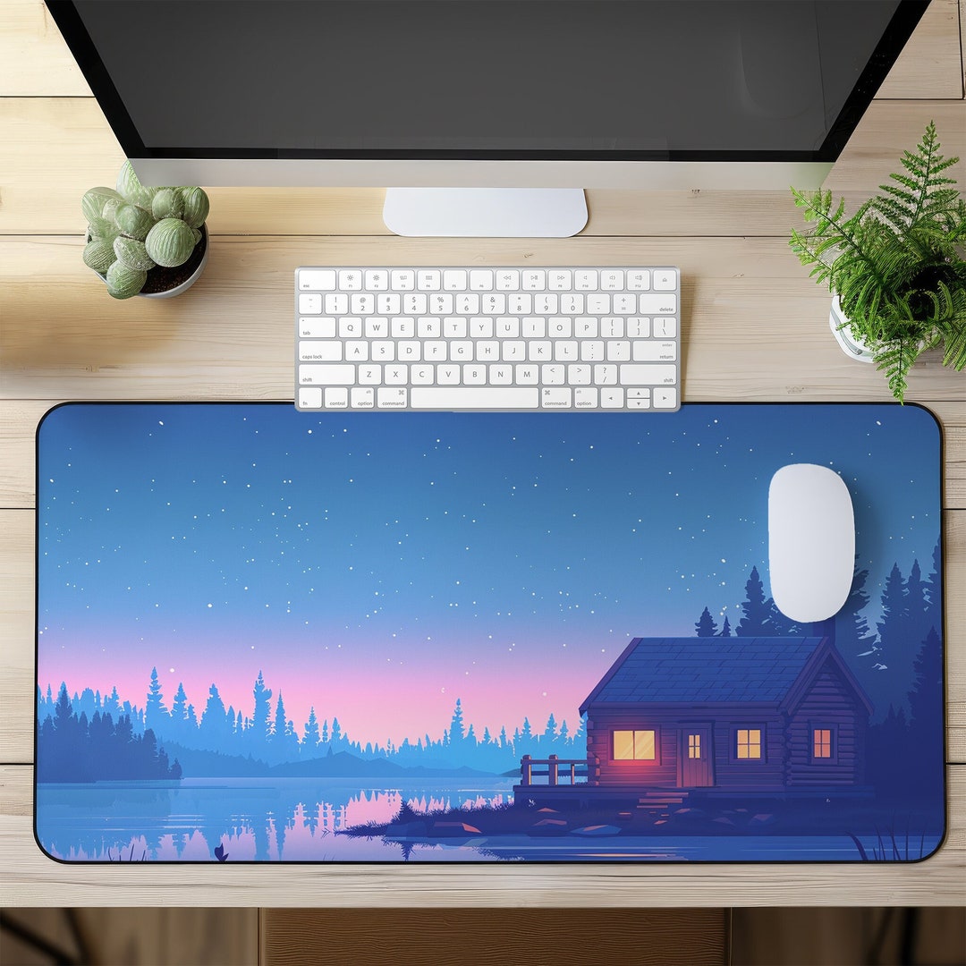 Lofi Cabin Desk Mat, Pink Blue Desk Mat, Home Office Decor, Lofi ...