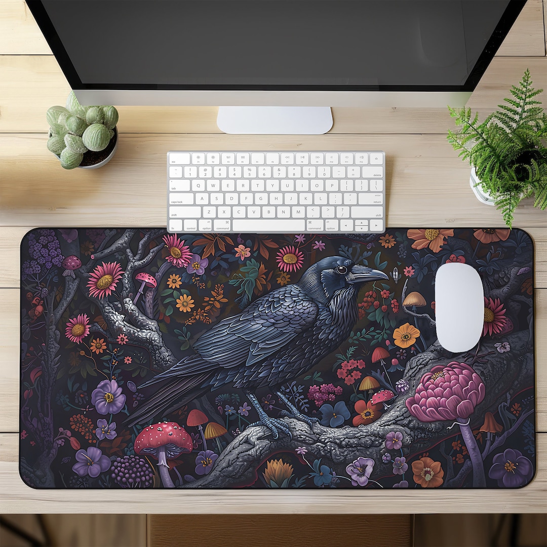 Raven Floral Desk Mat, Witchy Desk Mat, Desk Mat Aesthetic, Cute Desk ...
