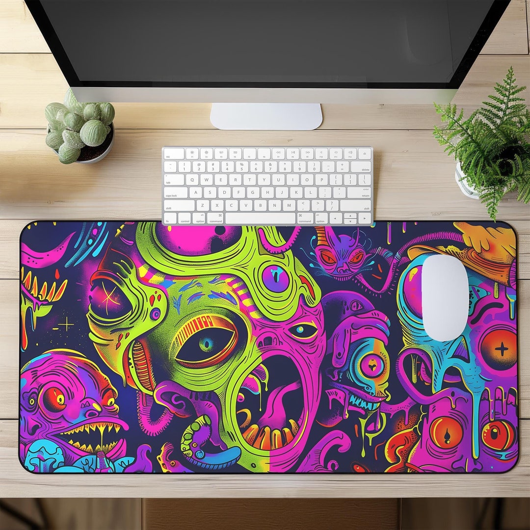 Trippy Neon Desk Mat, Cool Monster Desk Pad, Psychedelic Office Decor ...