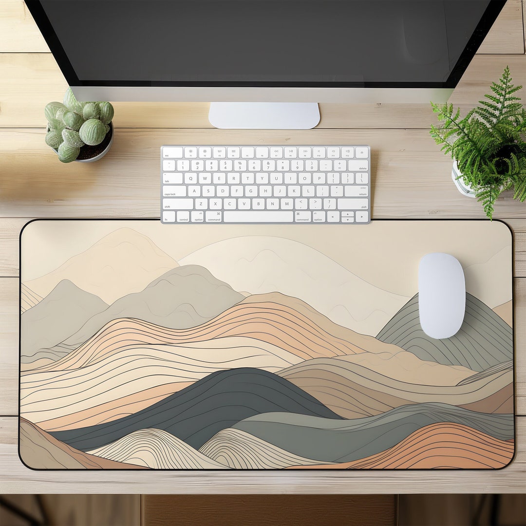 Boho Mountains Desk Mat: Minimalist Line Art, Neutral Beige Workspace ...