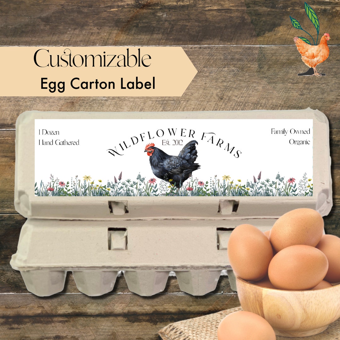 Black Chicken and Wildflower Customizable Egg Carton Label | Custom Egg ...