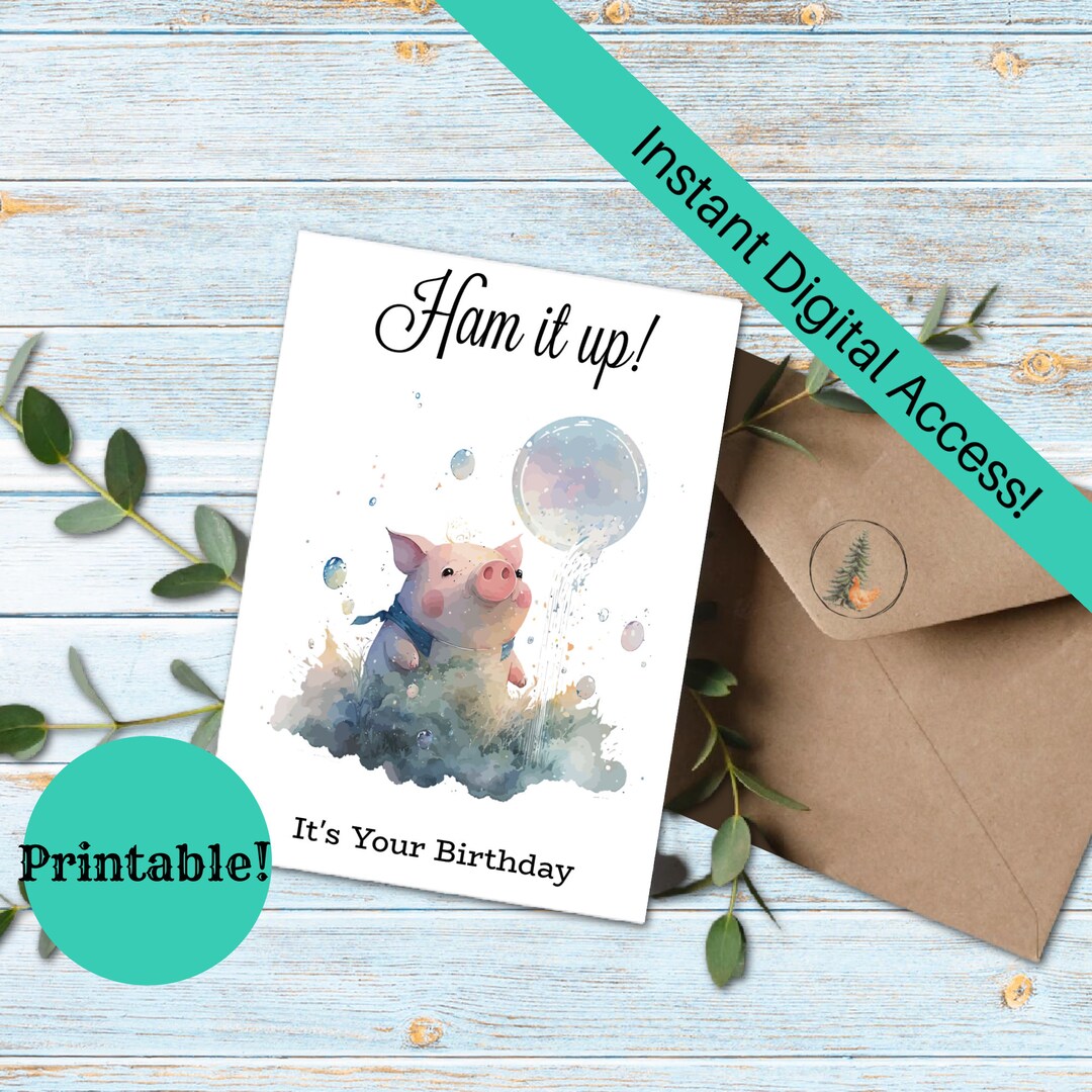 Funny Pig Birthday Card, Greeting Card Printable, Digital Download ...