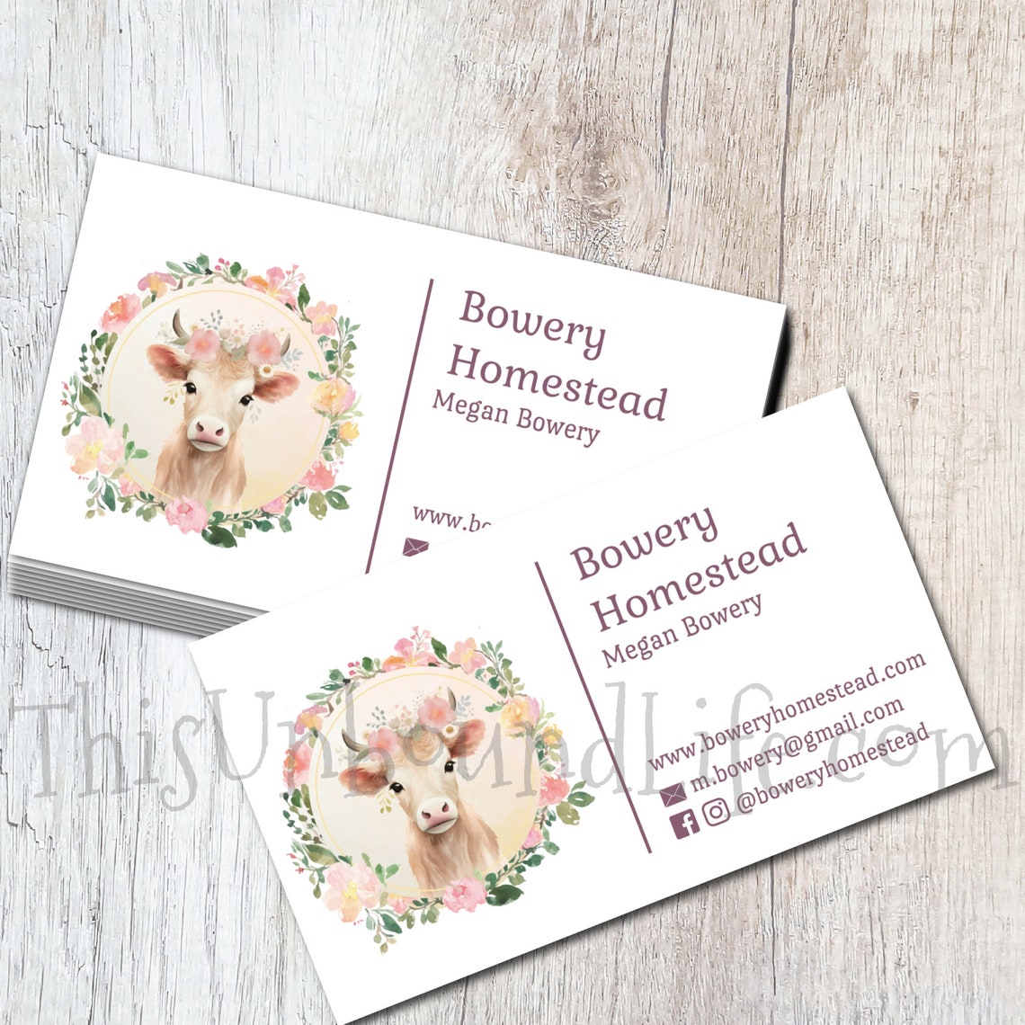 Floral Wreath Cow Business Card Printable Business Card PG/PDF Files ...