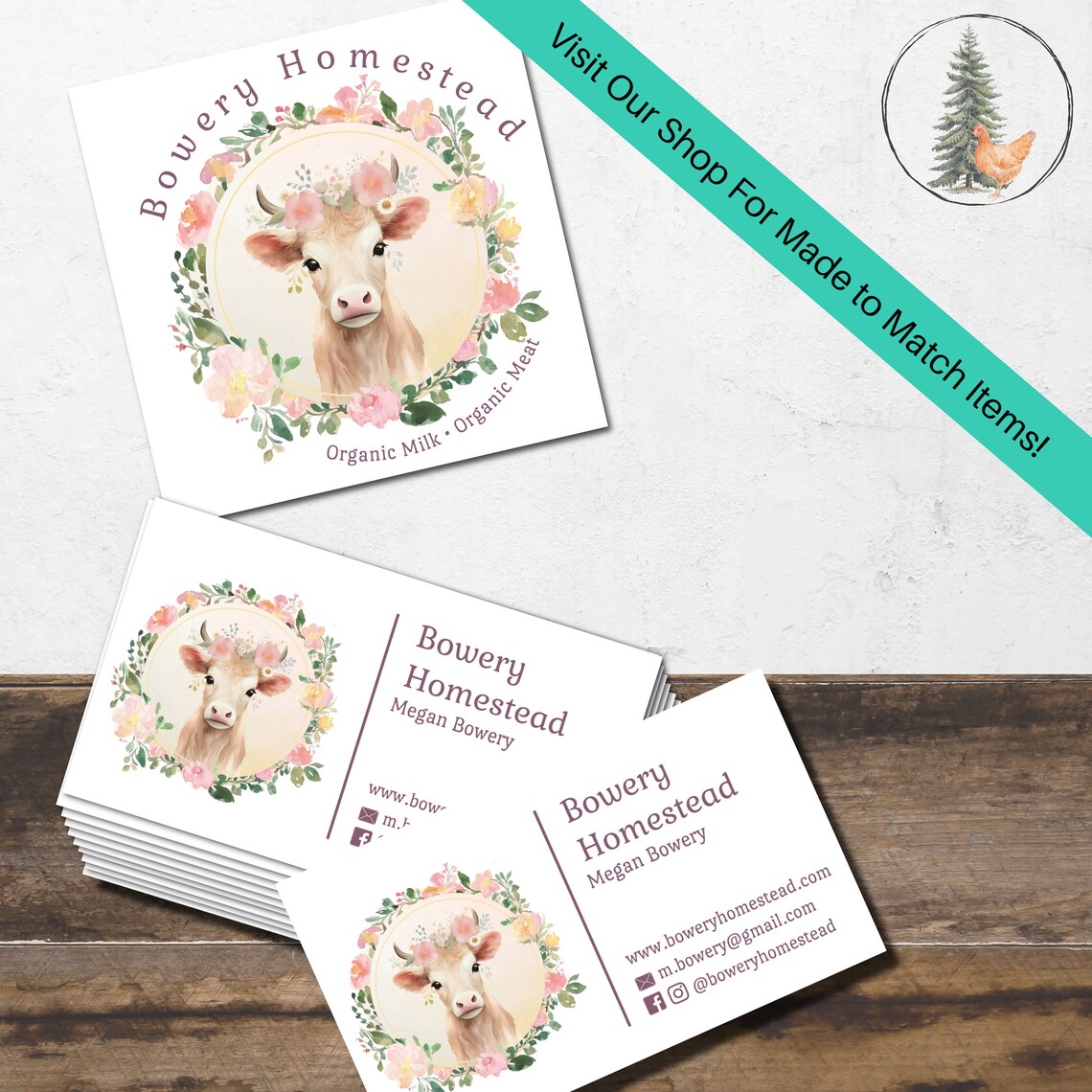 Floral Wreath Cow Business Card Printable Business Card PG/PDF Files ...