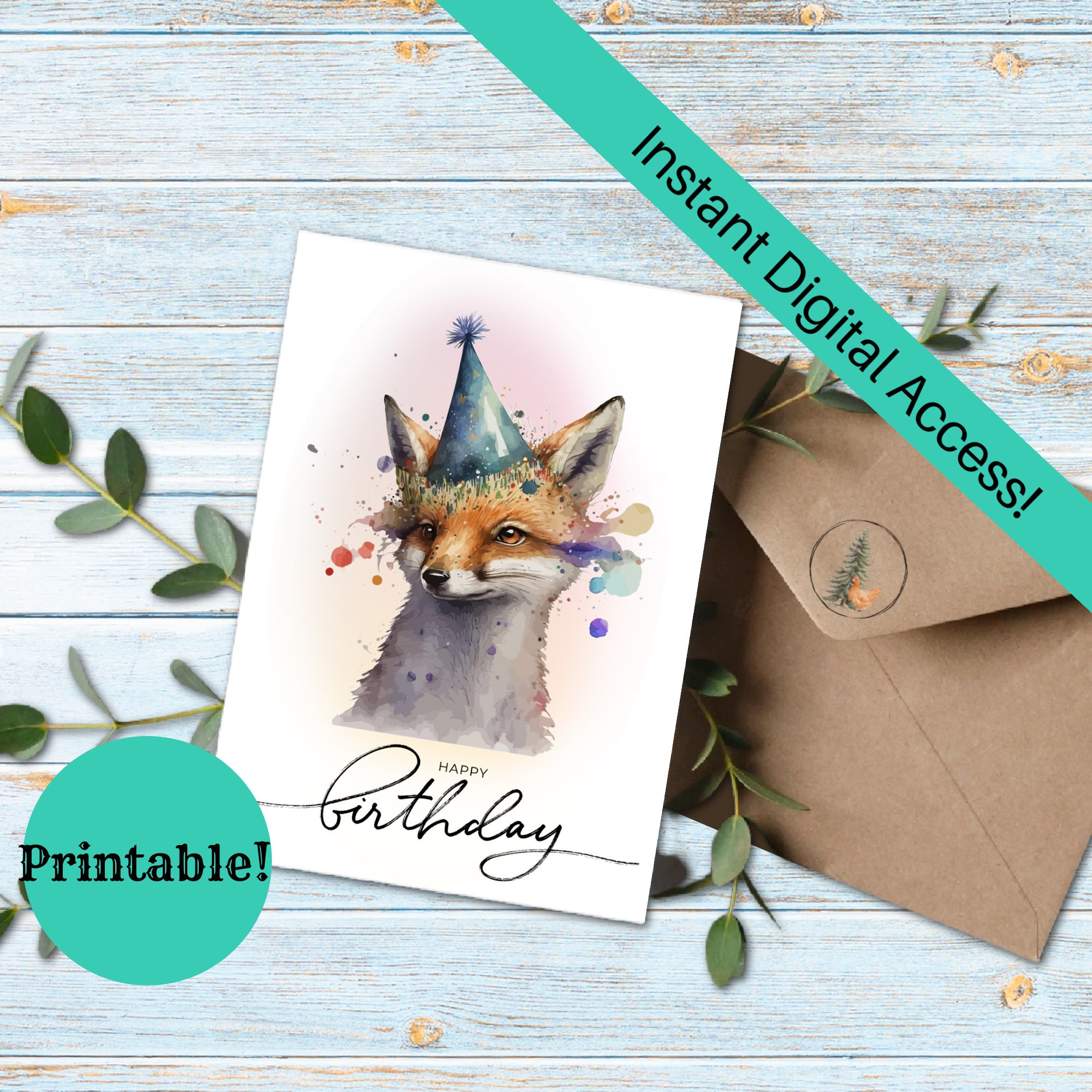 Fox Birthday Card, Printable Greeting Card, Digital Download, Printable ...