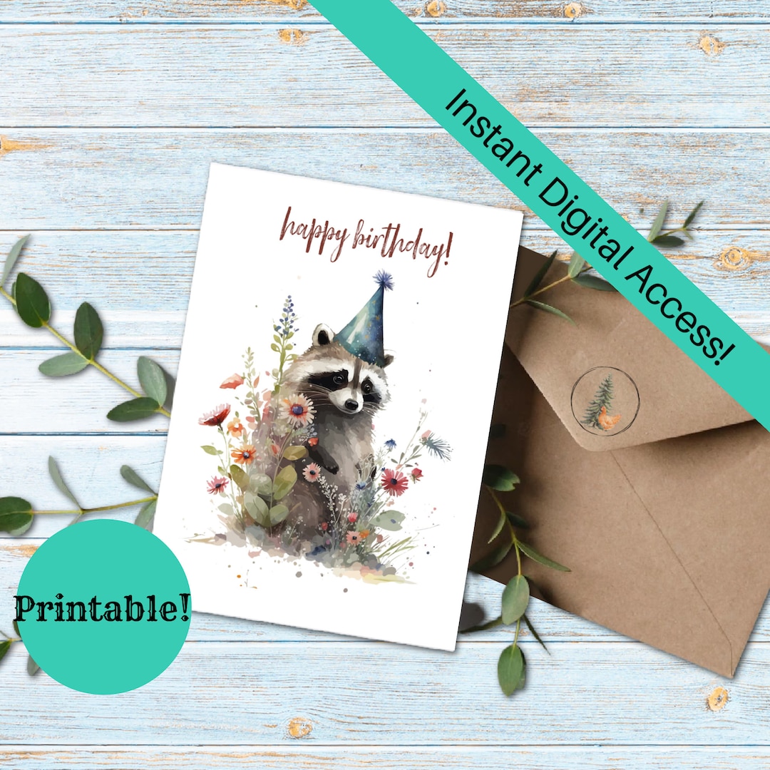 Raccoon Birthday Card, Printable Greeting Card, Digital Download ...