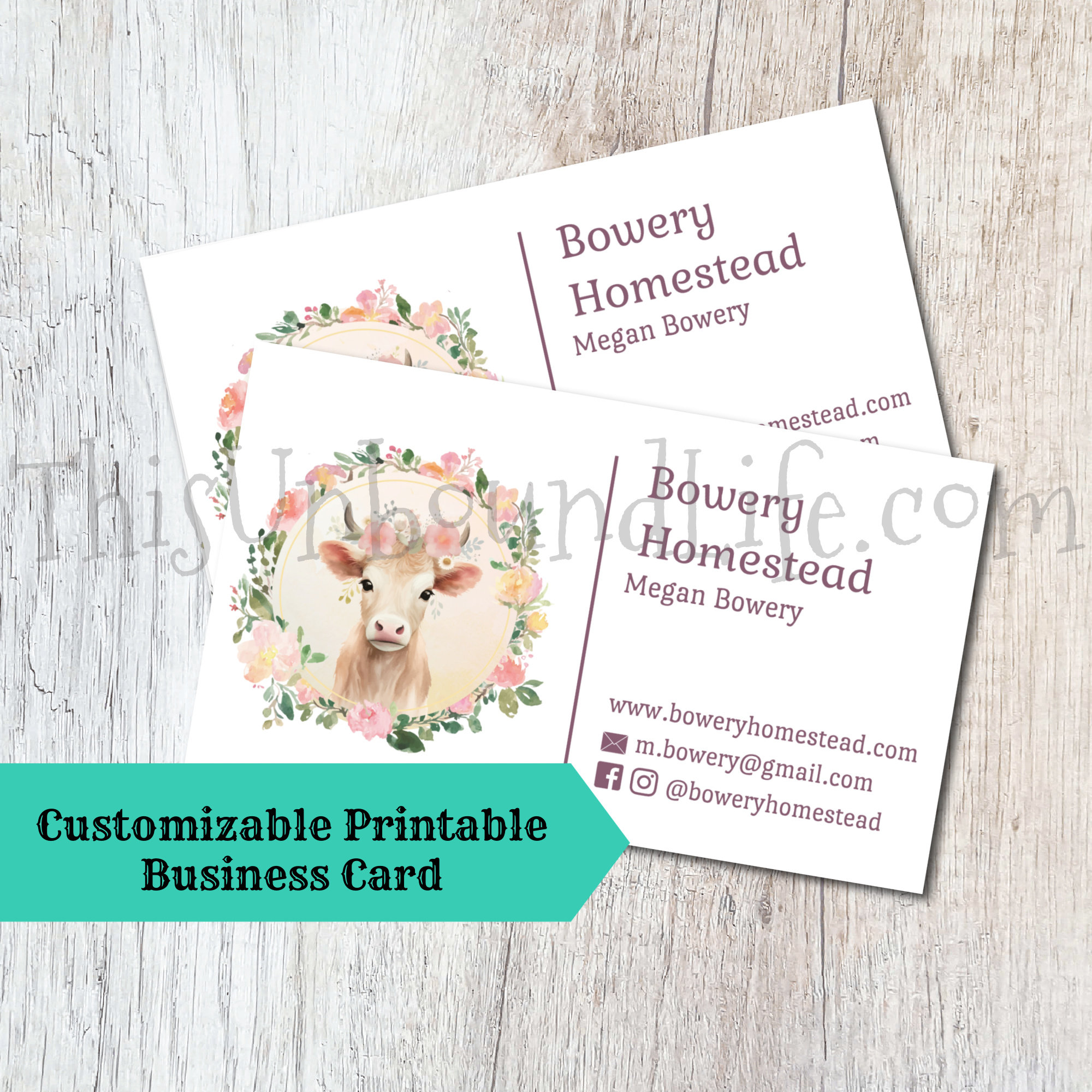 Floral Wreath Cow Business Card Printable Business Card PG/PDF Files ...
