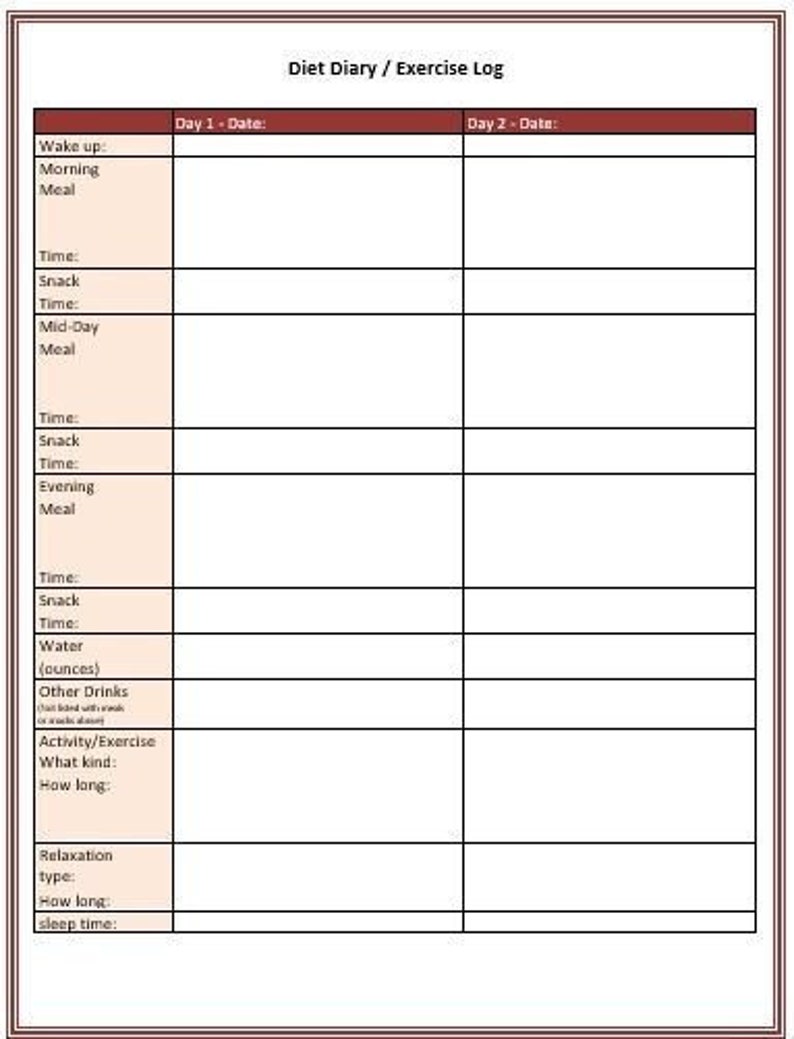 Editable, Printable, Daily Diet and Exercise Log - Etsy