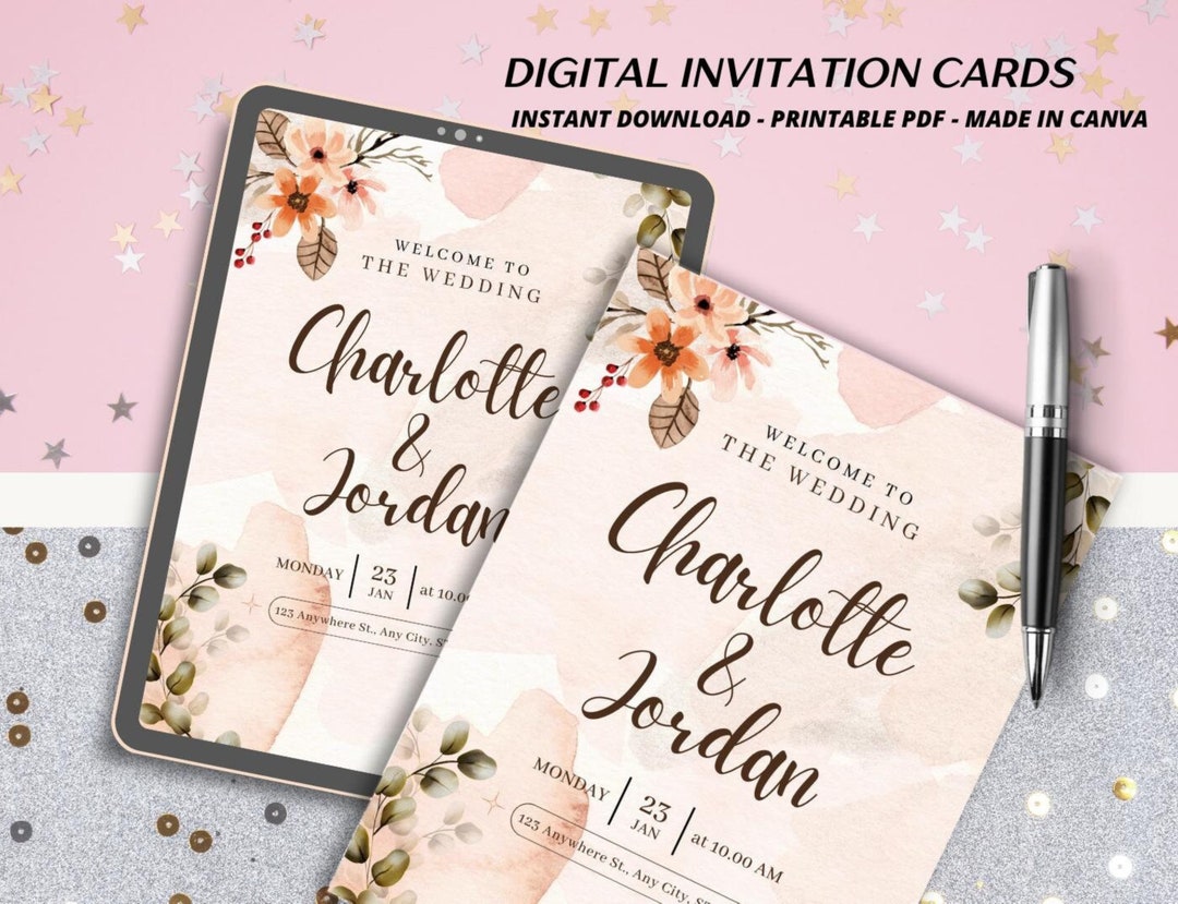 Beige Floral Wedding Invitation Template: Modern Bridal Shower (PDF) - Etsy