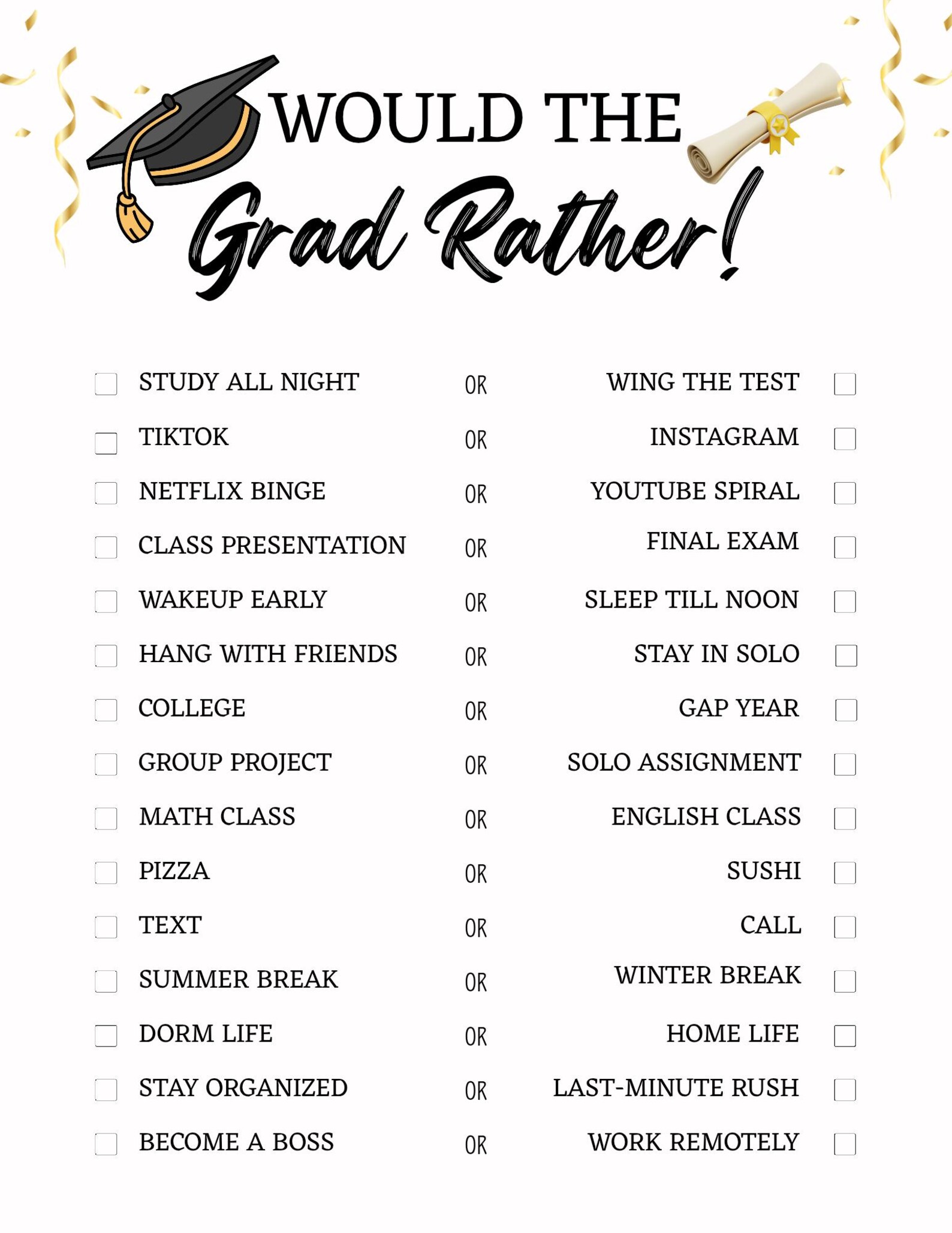 Graduation Party Game: Would the Grad Rather Printable (instant ...