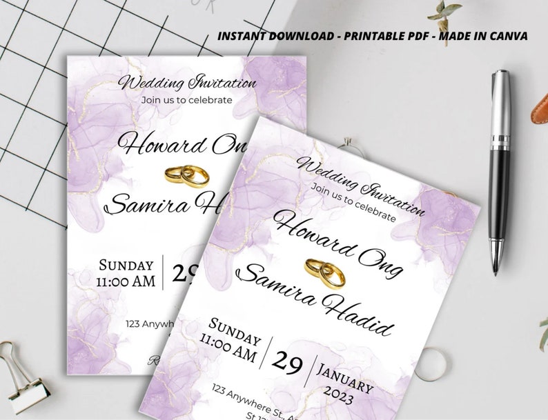 Purple Wedding Invitation Card: Modern Minimalist Template (PDF) - Etsy