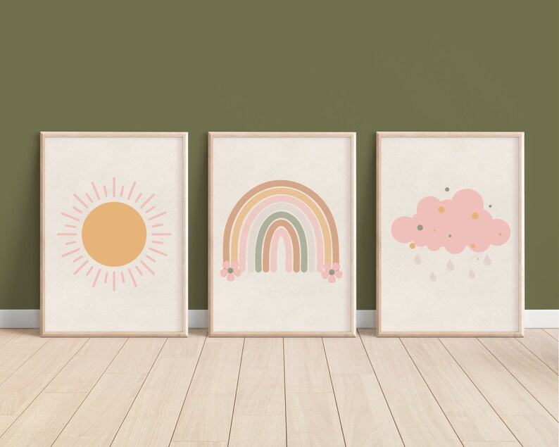 Boho Rainbow Set of 3 Nursery Art Prints, Girls Rainbow & Flowers ...
