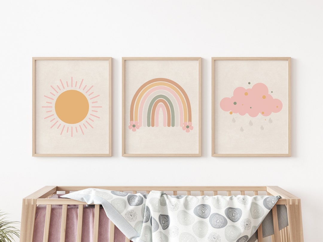 Boho Rainbow Set of 3 Nursery Art Prints, Girls Rainbow & Flowers ...