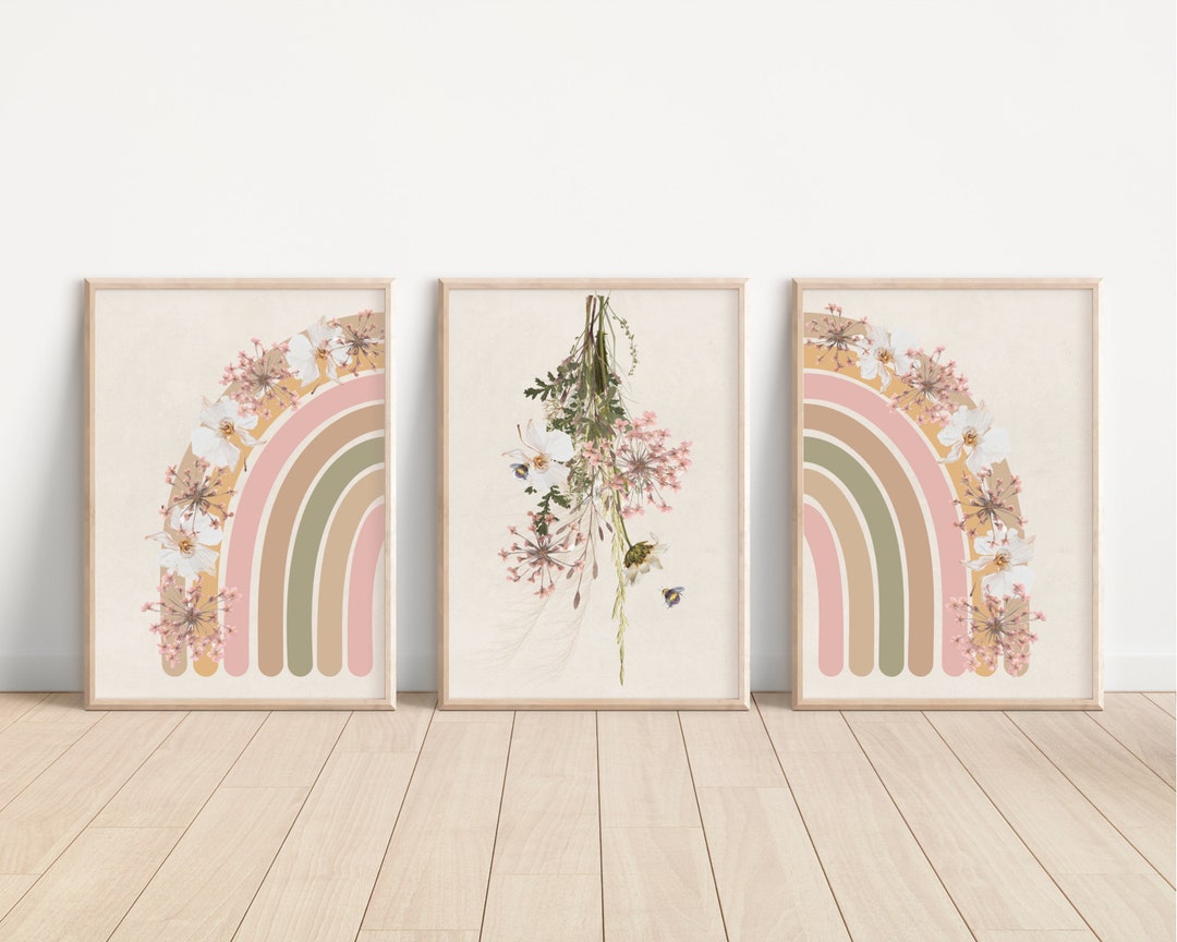 Boho Rainbow & Flowers Prints Set of 3 Boho Nursery Art - Etsy