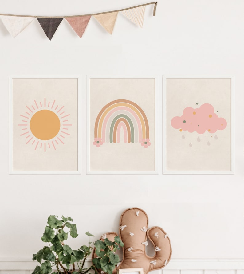 Boho Rainbow Set of 3 Nursery Art Prints, Girls Rainbow & Flowers ...