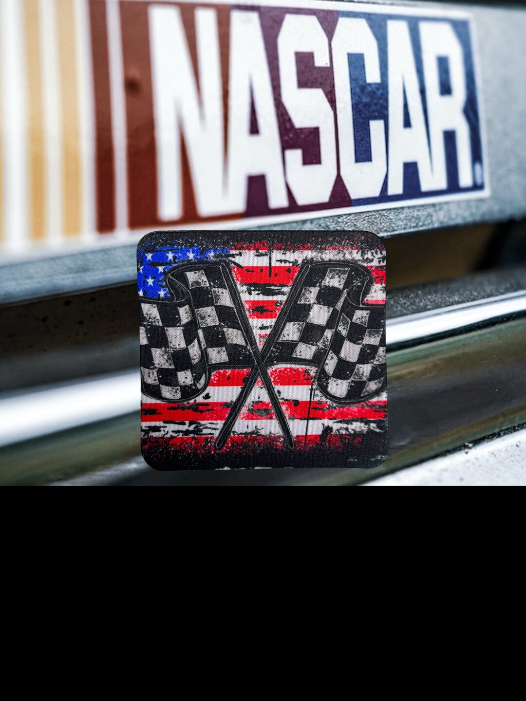 4 Custom Nascar Race Flags Along With American Flag in Background. All ...