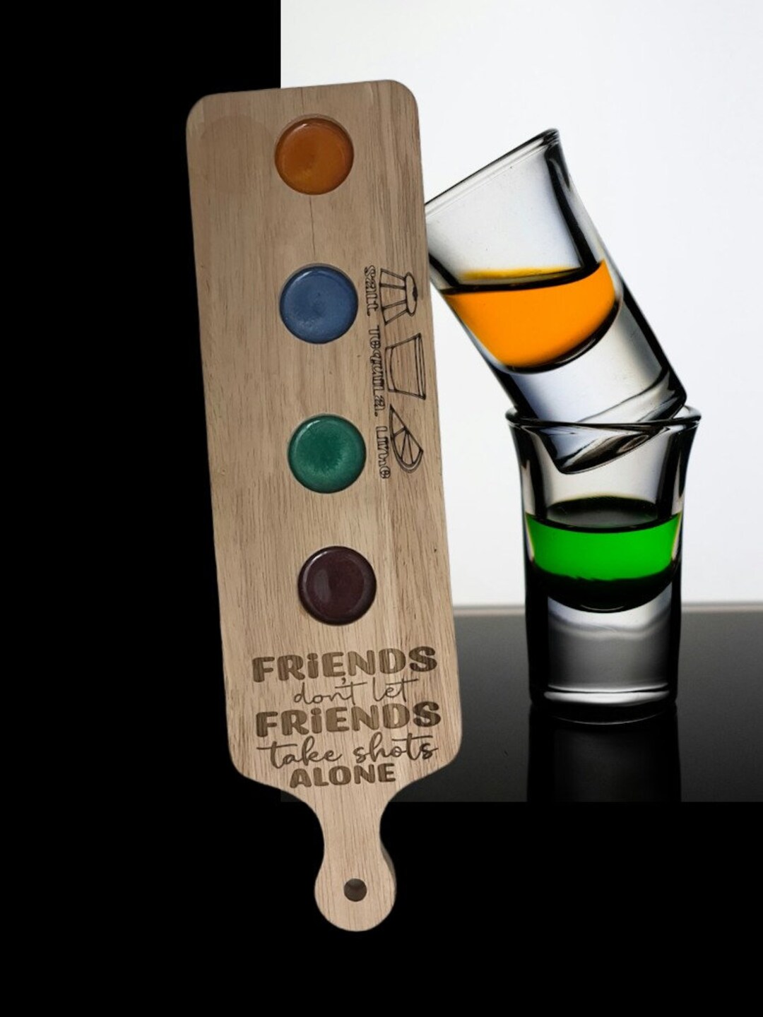 Custom Wood Paddle With 4 Shot Glass, Colorful Resin Bottoms Fathers ...