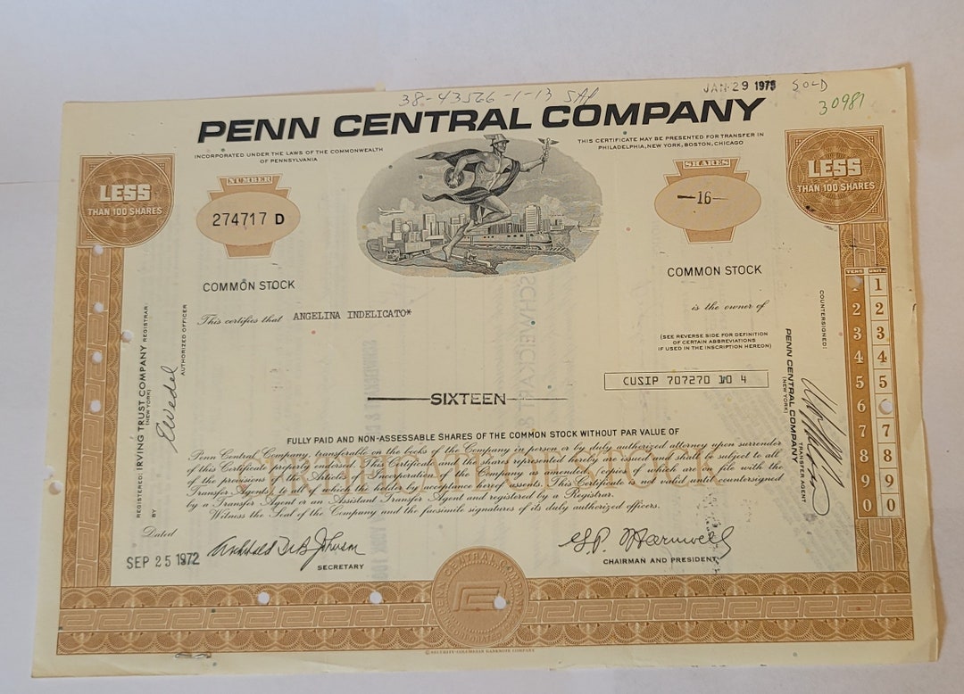 Penn Central Old Stock Certificate - Etsy