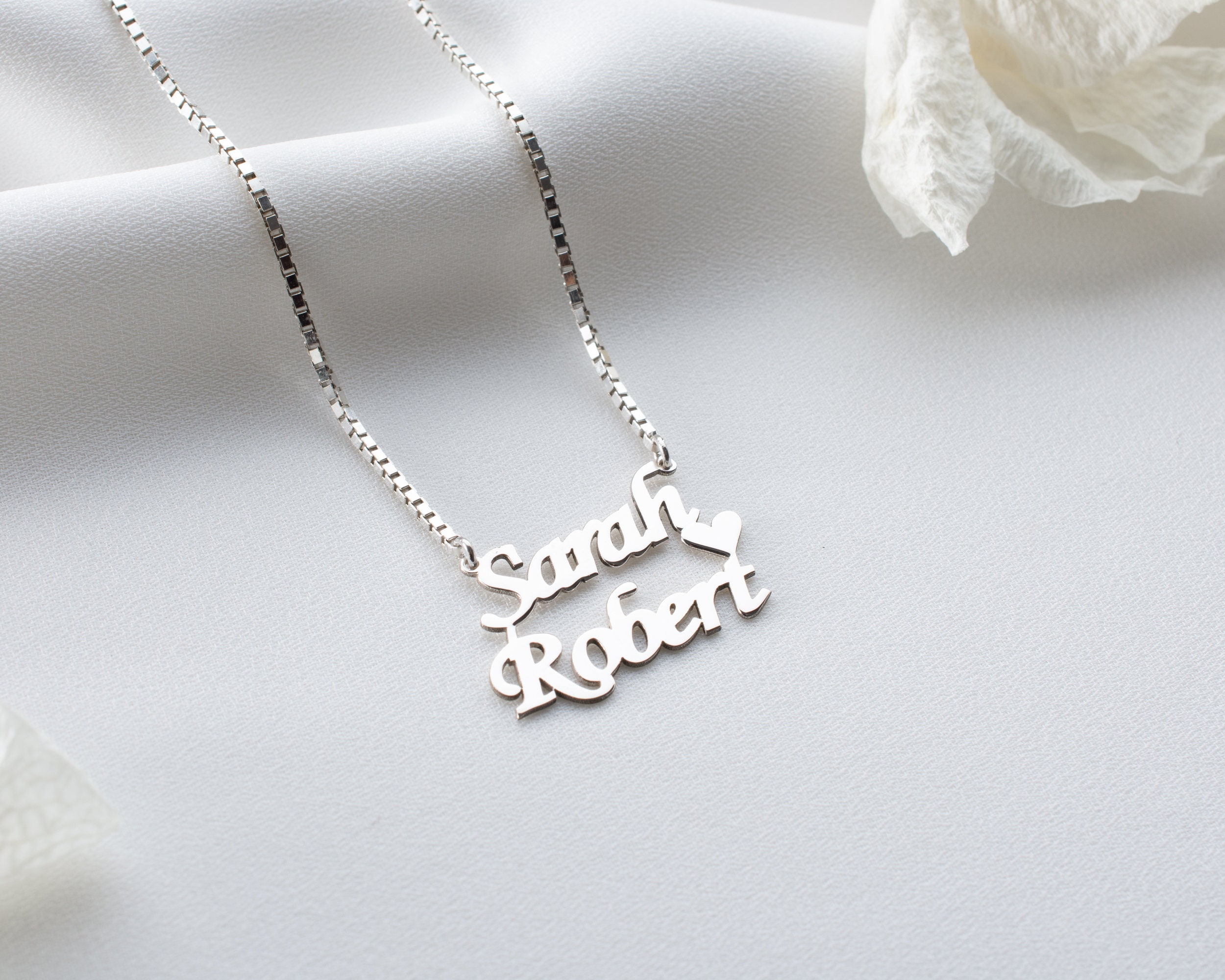 Double Name Necklace With Heart, Two Name Necklace, Personalized Name ...