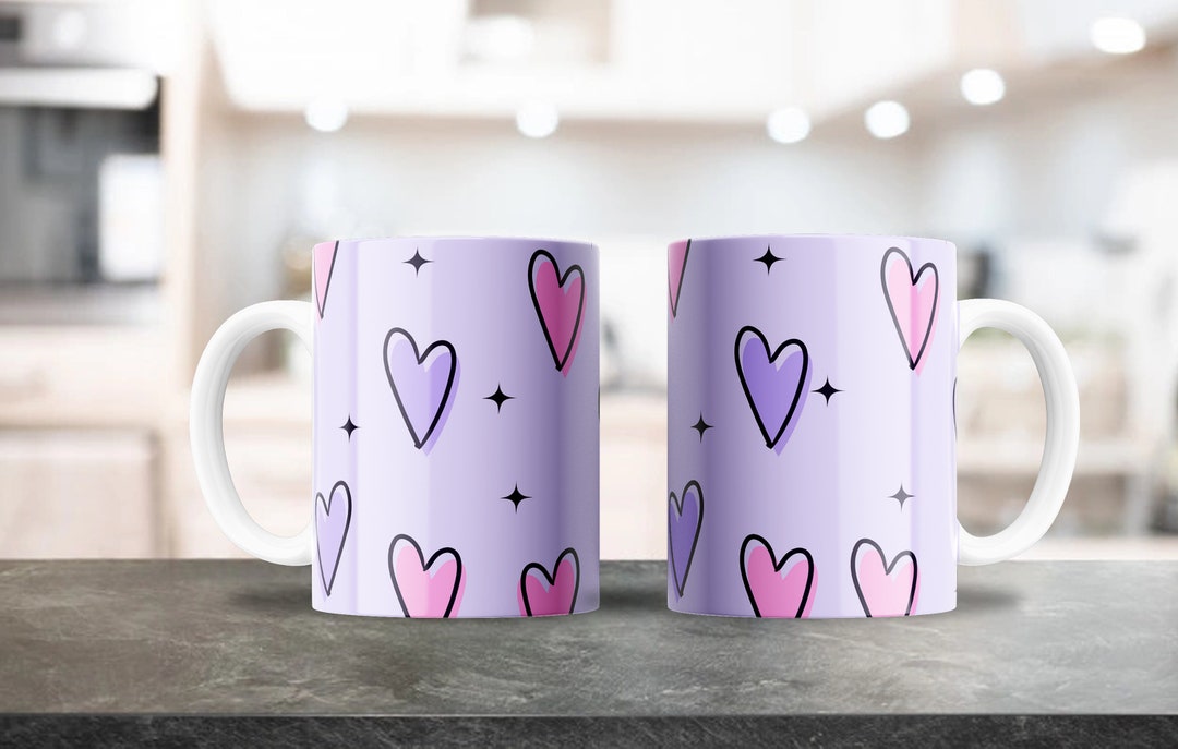 Cute Purple Pink Hearts Mug Wrap - 11oz & 15oz PNG - Coffee Mug ...