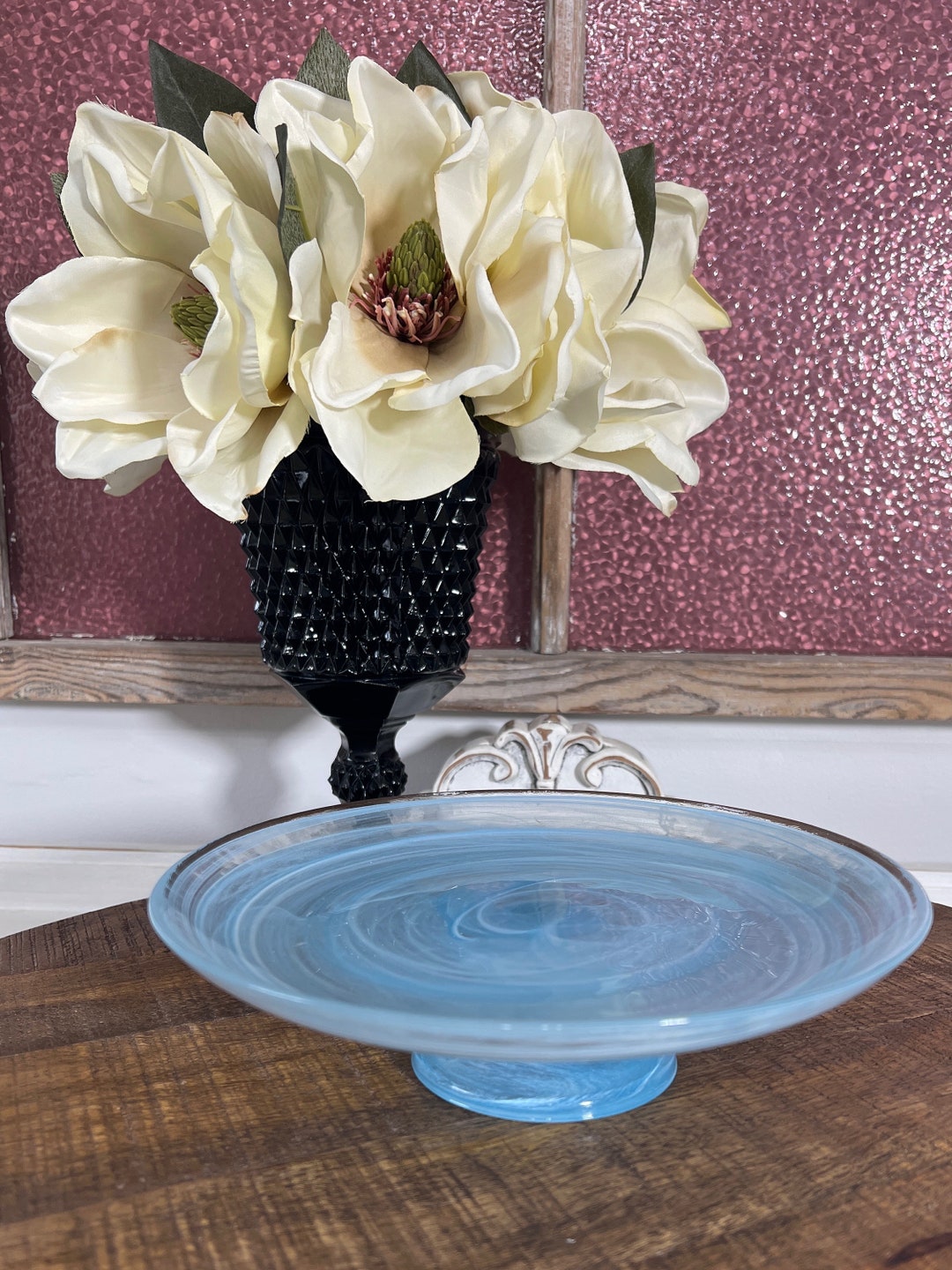 Aqua Alabaster Swirl Pedestal/footed Cake Plate by Mariposa, 8.5 in ...