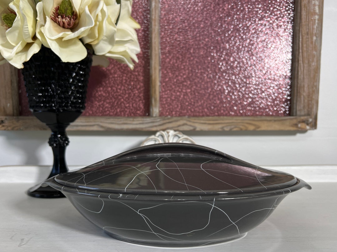 Iroquois Pottery Carrara Gray Splatter Ware Covered Divided Casserole ...