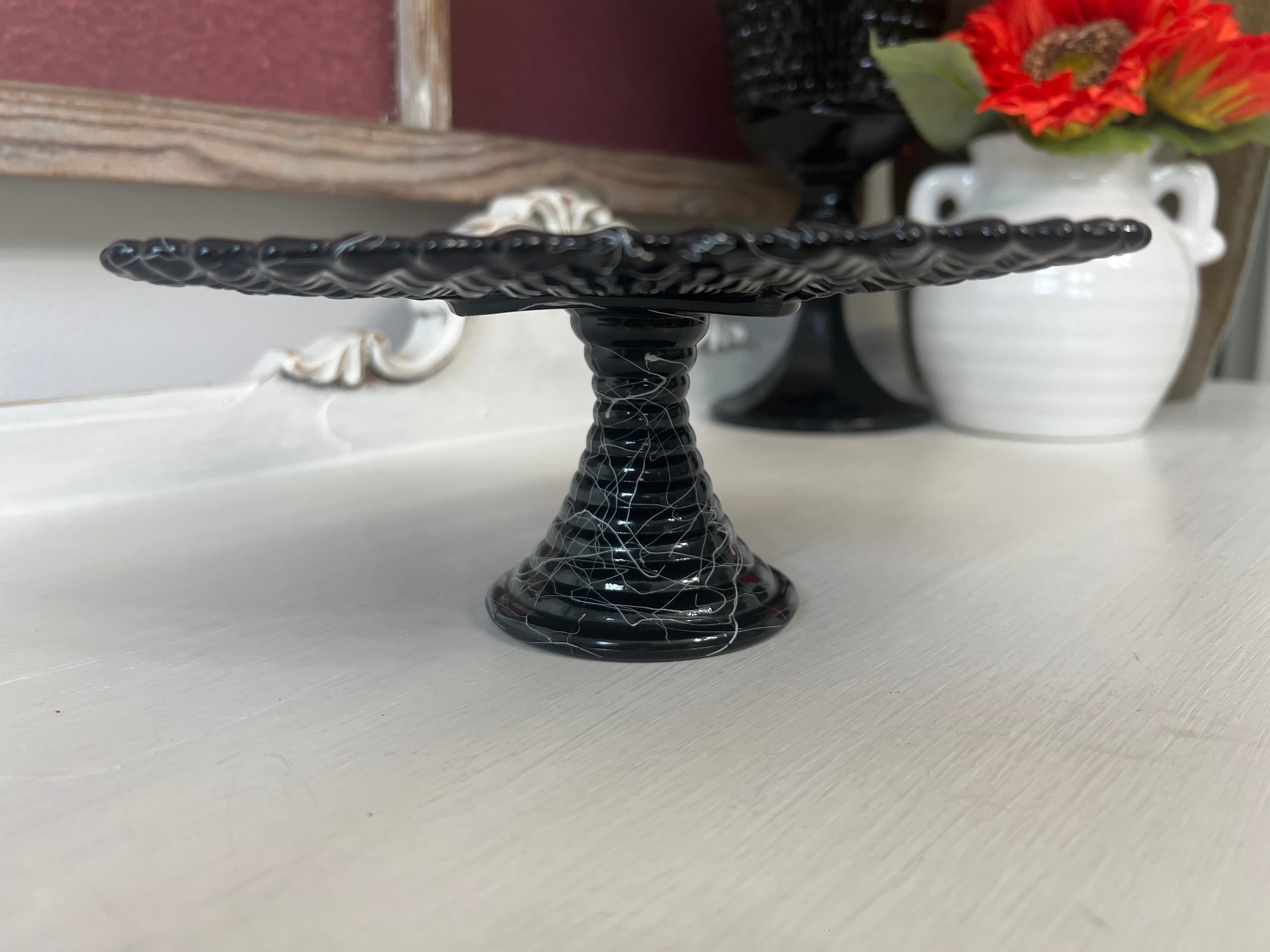 L E Smith Jet Black Diamond Point Confetti Ware Cake Plate Circa 1954 ...
