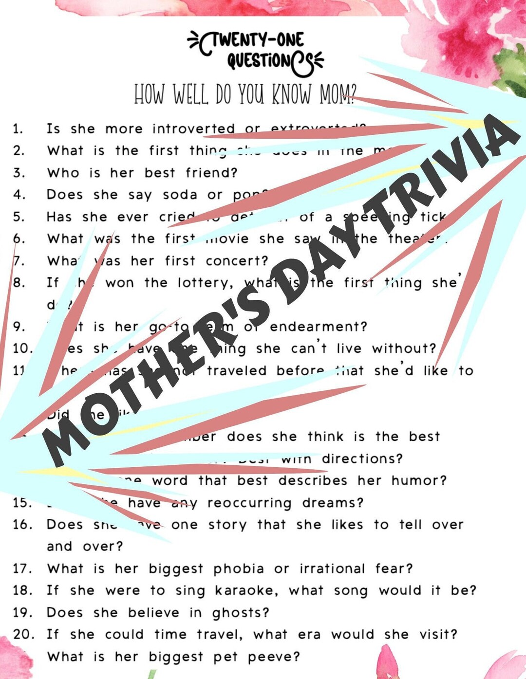 Mom Trivia One-pager - All About Mom - 21 Questions for Your Mother - Etsy