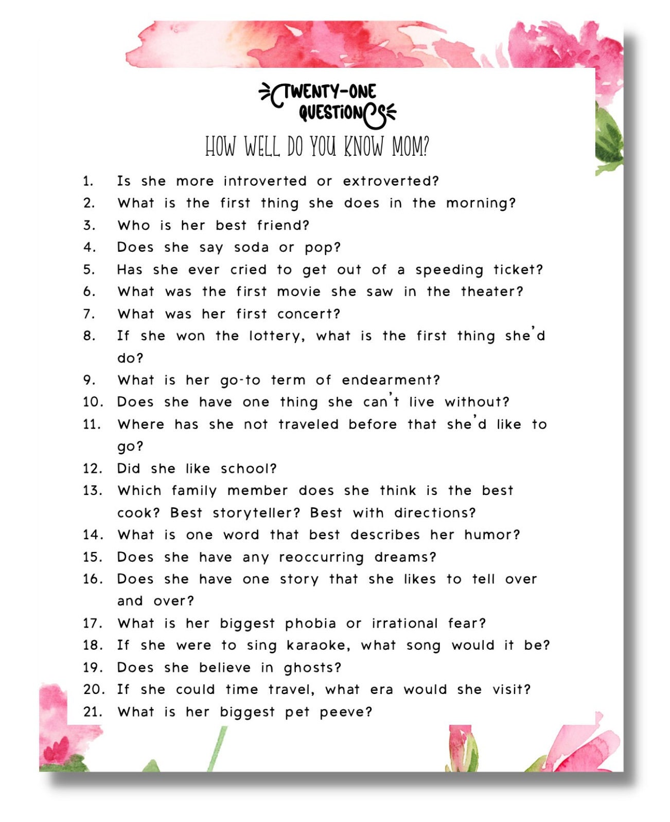 Mom Trivia One-pager - All About Mom - 21 Questions for Your Mother - Etsy