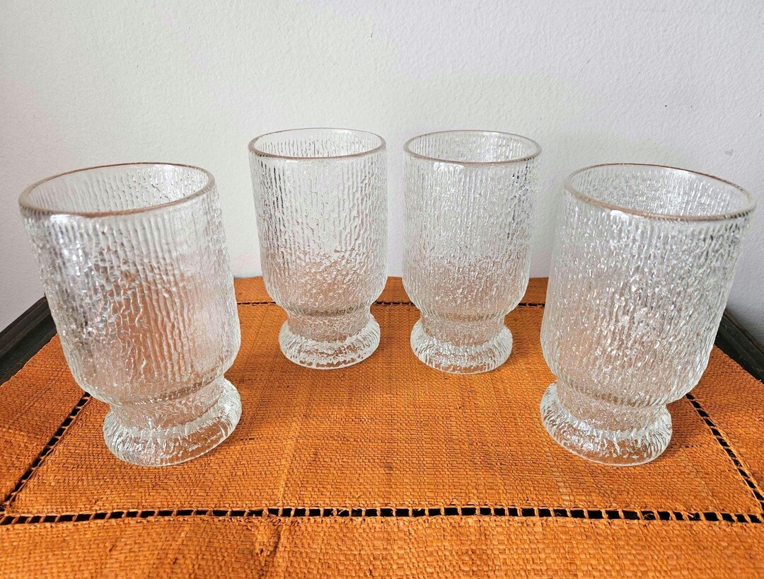Vintage Indiana Glass Ice Bark Textured Footed Glasses MCM Barware Set ...