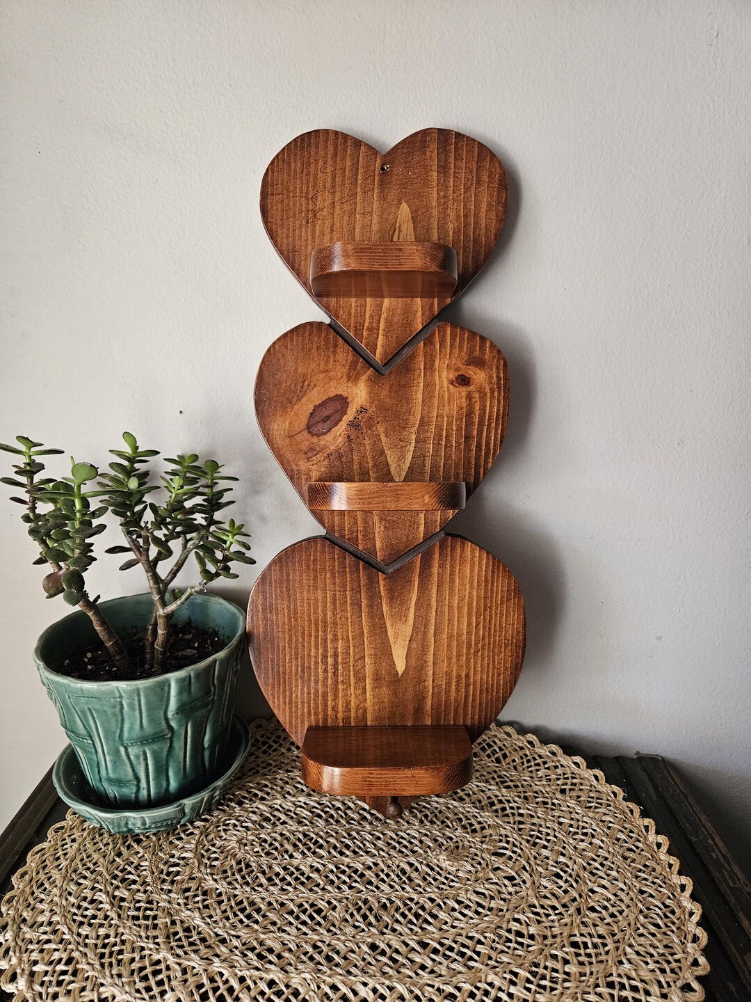 Vintage Wood Triple Heart Shaped Shelf Trinket Knick Knack Crystals ...