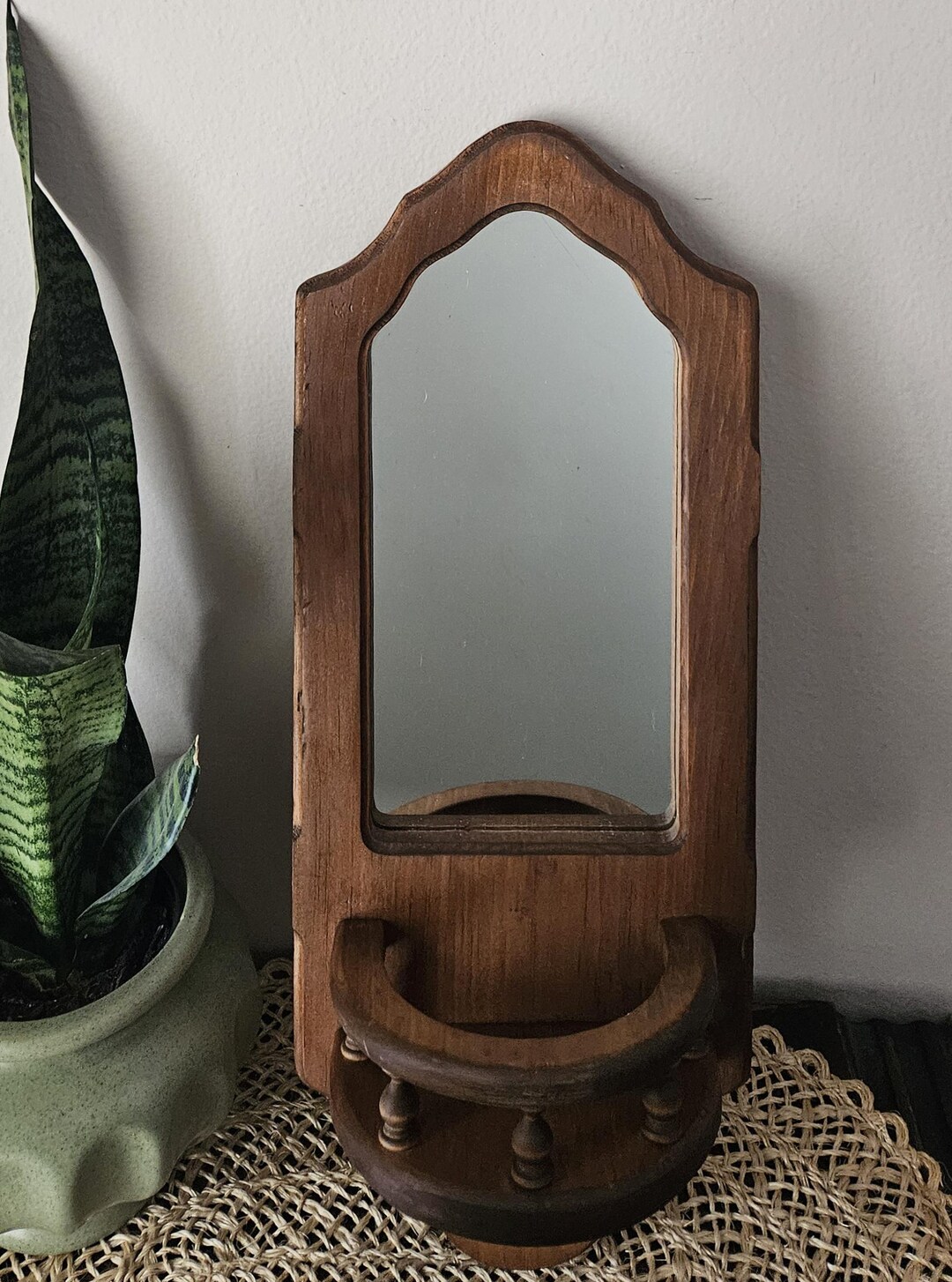 Vintage 70s Wood Shelf With Mirror & Railing for Small Plants Trinkets ...