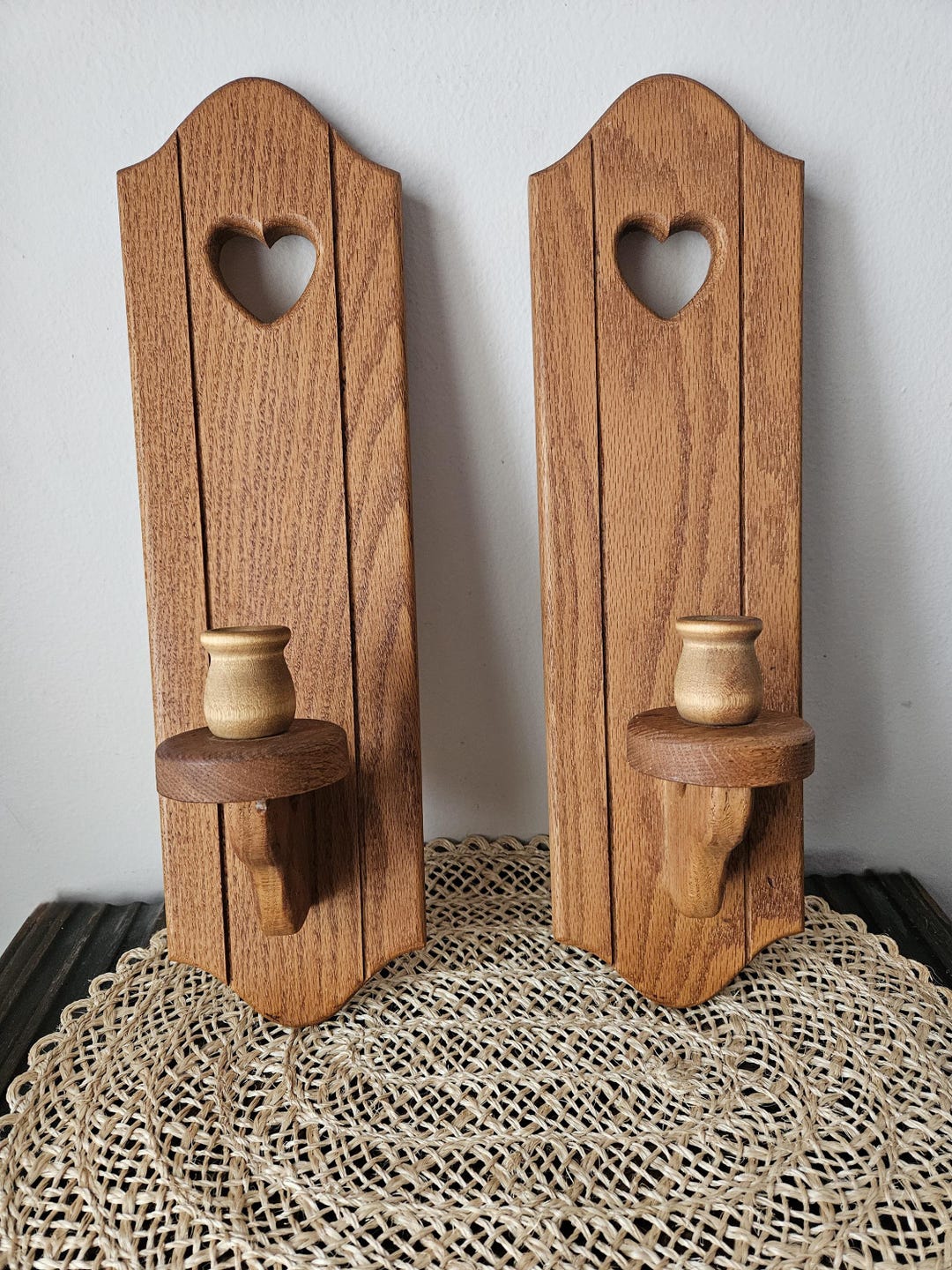 Vintage Pair of 70s 80s Wood Heart Sconces Candle Holders Wall ...