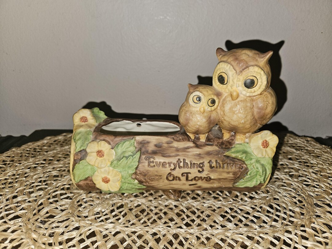 Vintage Porcelain Owl on Log 'everything Thrives on Love' Planter ...