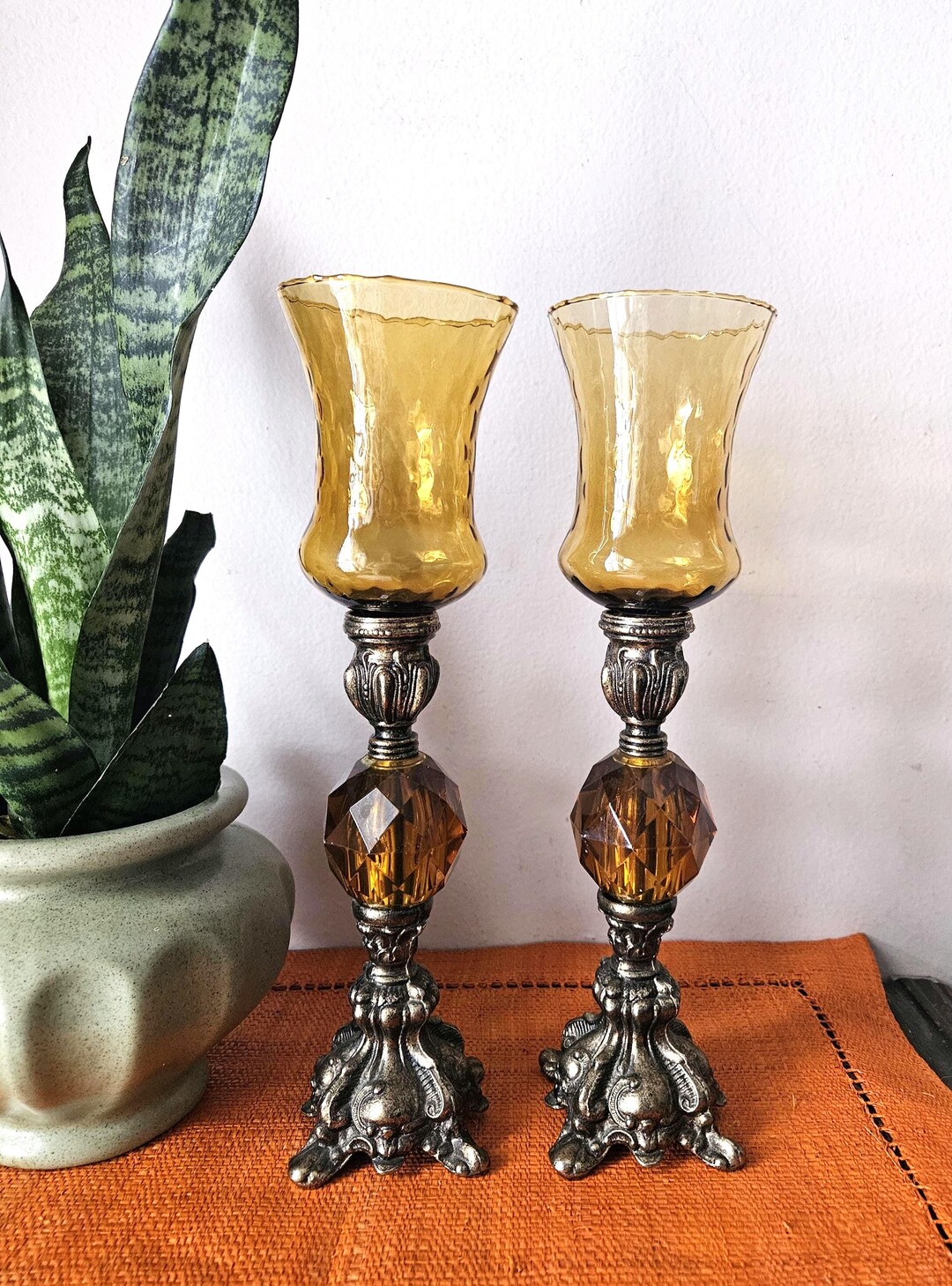 Vintage 60s 70s MCM Hollywood Regency Amber Glass & Lucite Candle ...