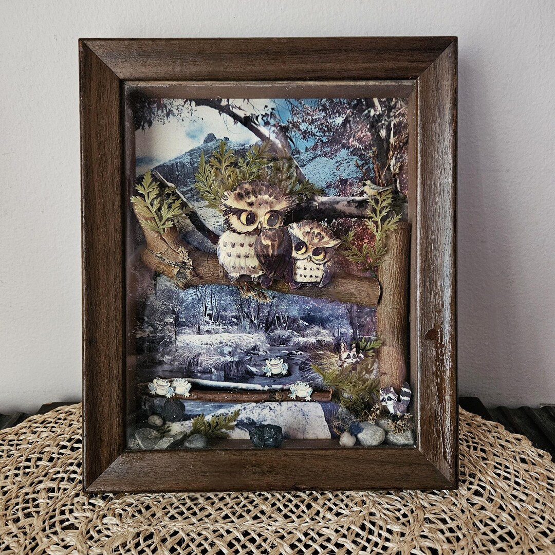Vintage 60s 70s MCM Wood Framed Layered Paper 3D Art Owls & Frogs Racoon Anthropomorphic Kitsch ...