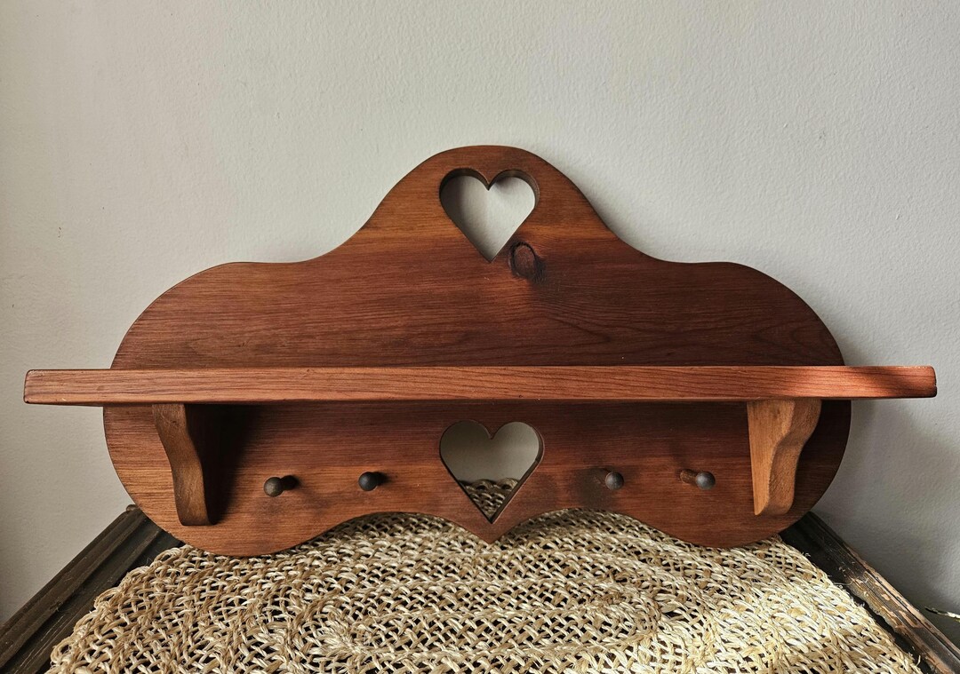 Vintage Unique Solid Wood Heart Trinket Knick Knack Crystal Shelf With ...
