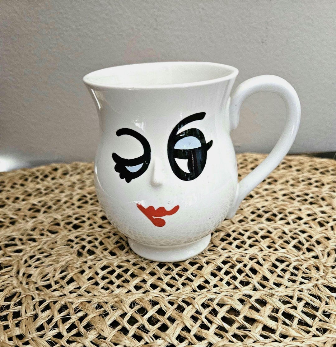 Vintage Winking Anthropomorphic Lady Face Coffee Cup Mug Kitsch Kitchen ...
