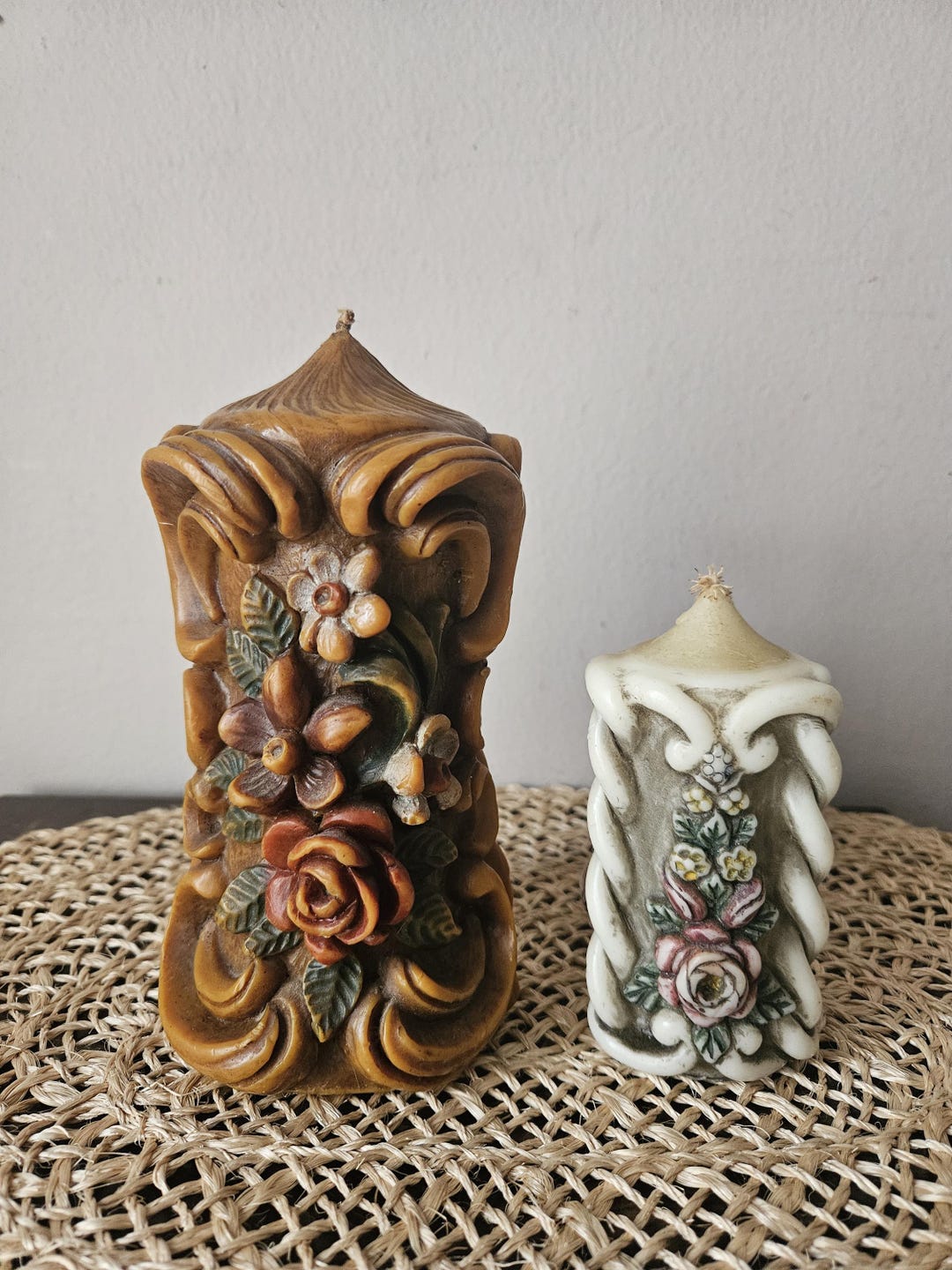 Vintage 60s 70s Pair of German Hand Carved Sculpted Floral Hand Painted ...