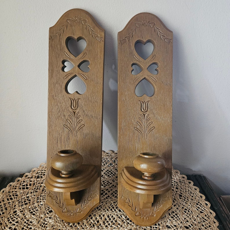 Vintage 60s 70s 80s MCM Burwood Wall Faux Wood & Hearts Candle Holders ...
