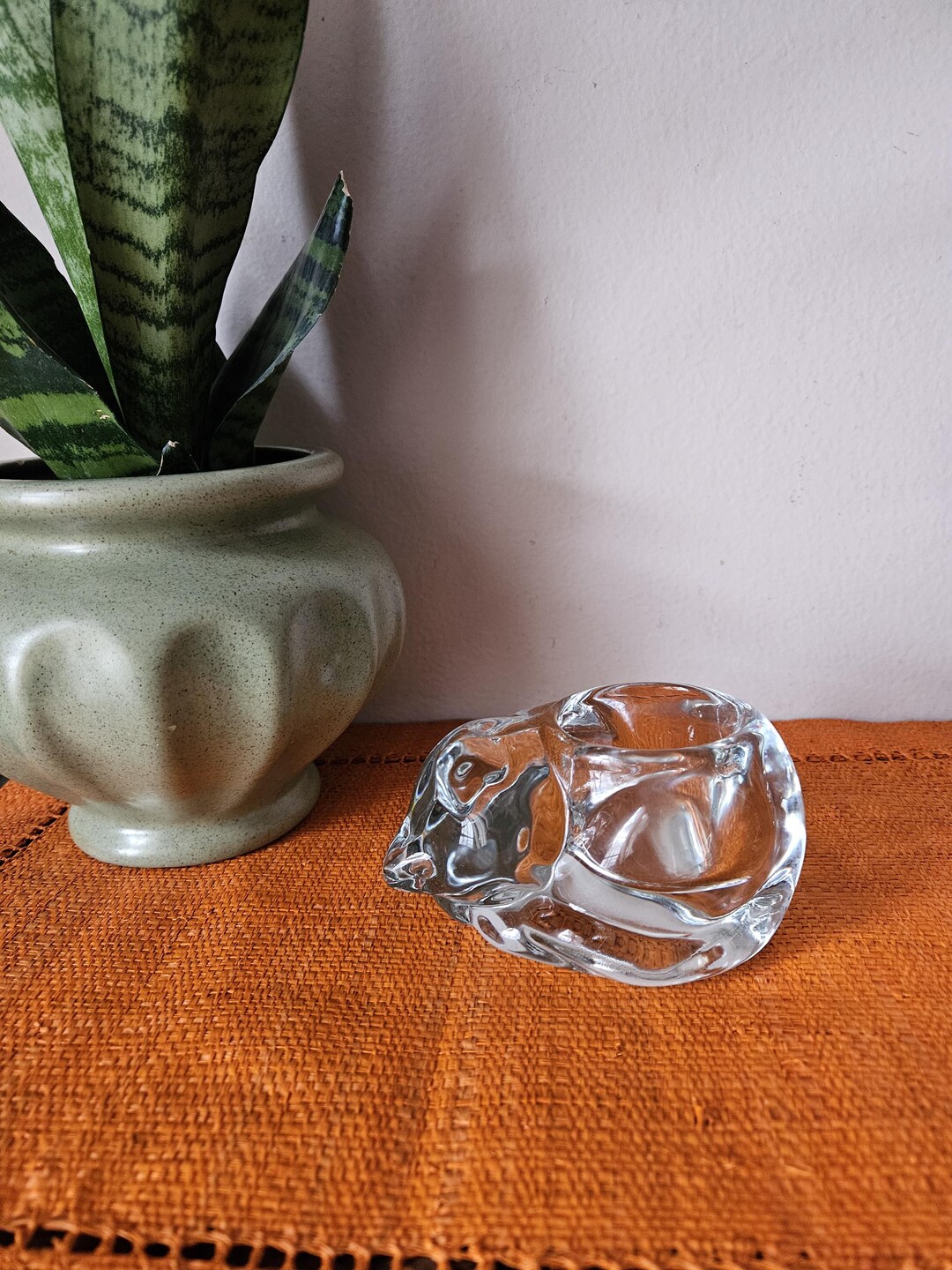 Vintage Indiana Glass Clear Sleeping Cat Kitten Votive Candle Holder ...