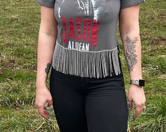 Black Rhinestone Fringe Bandana Top Womens Shirt Party Sparkle Shine ...