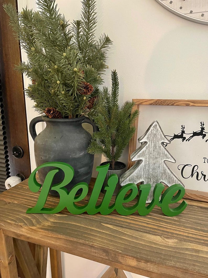 Believe Large Freestanding Wood Sign: Christmas Tabletop Decoration ...