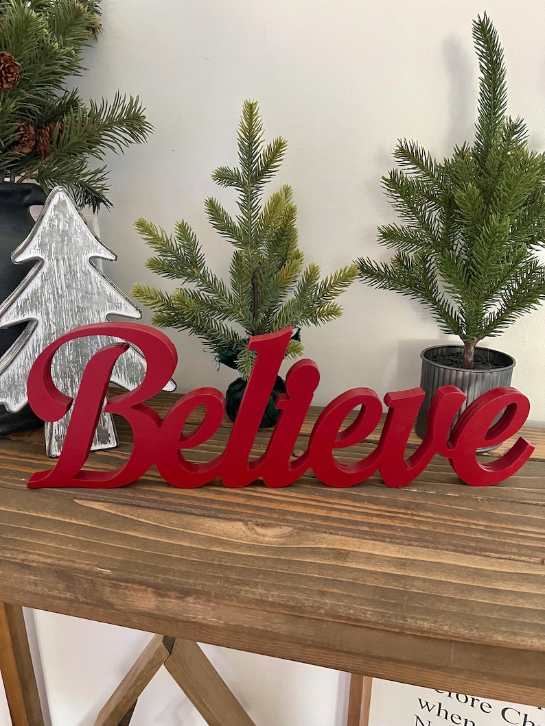 Believe Large Freestanding Wood Sign: Christmas Tabletop Decoration ...